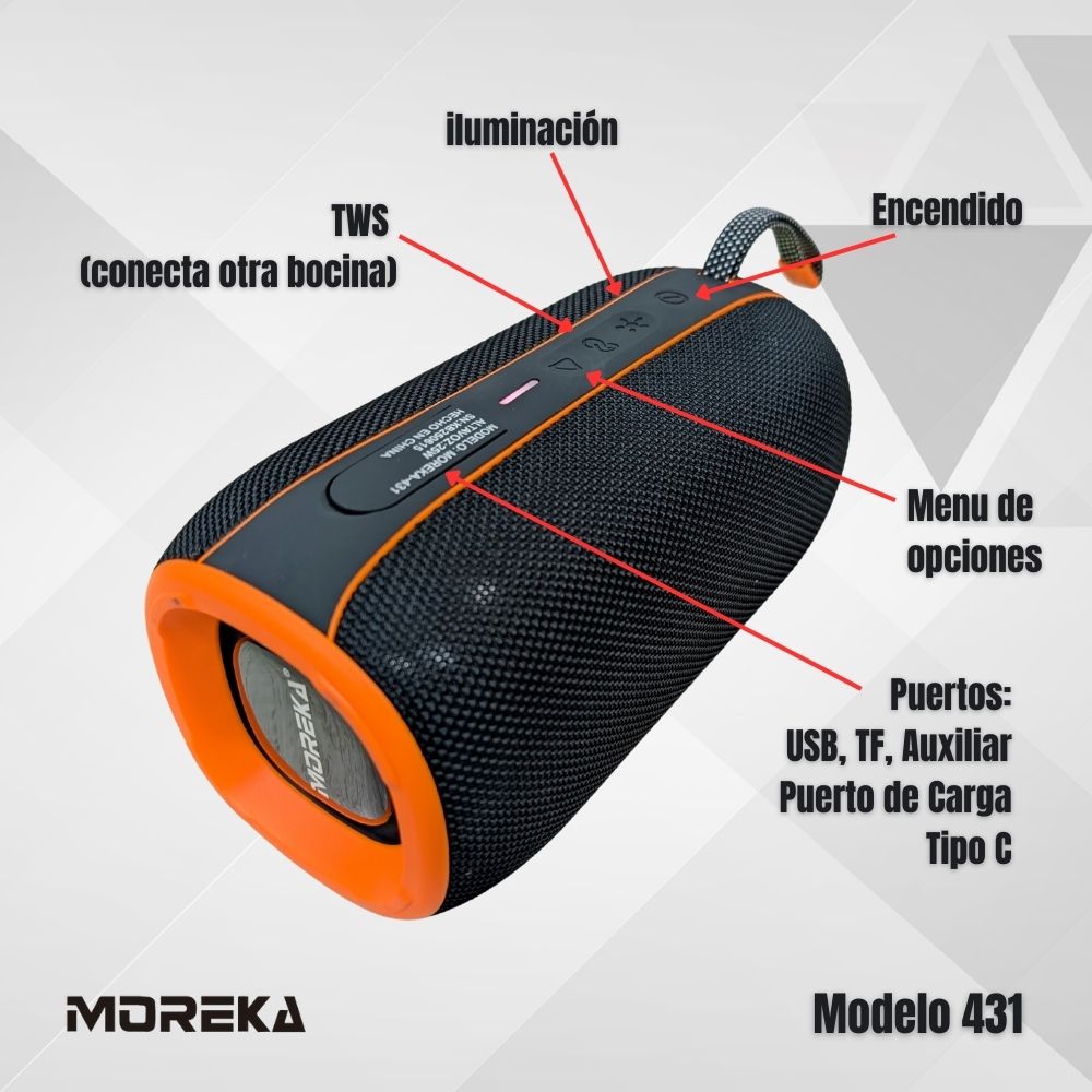 Bocina Moreka 431 25W 2400mAh 4-5 hrs de bateria Bluetooth IPX6 – Moreka Shop