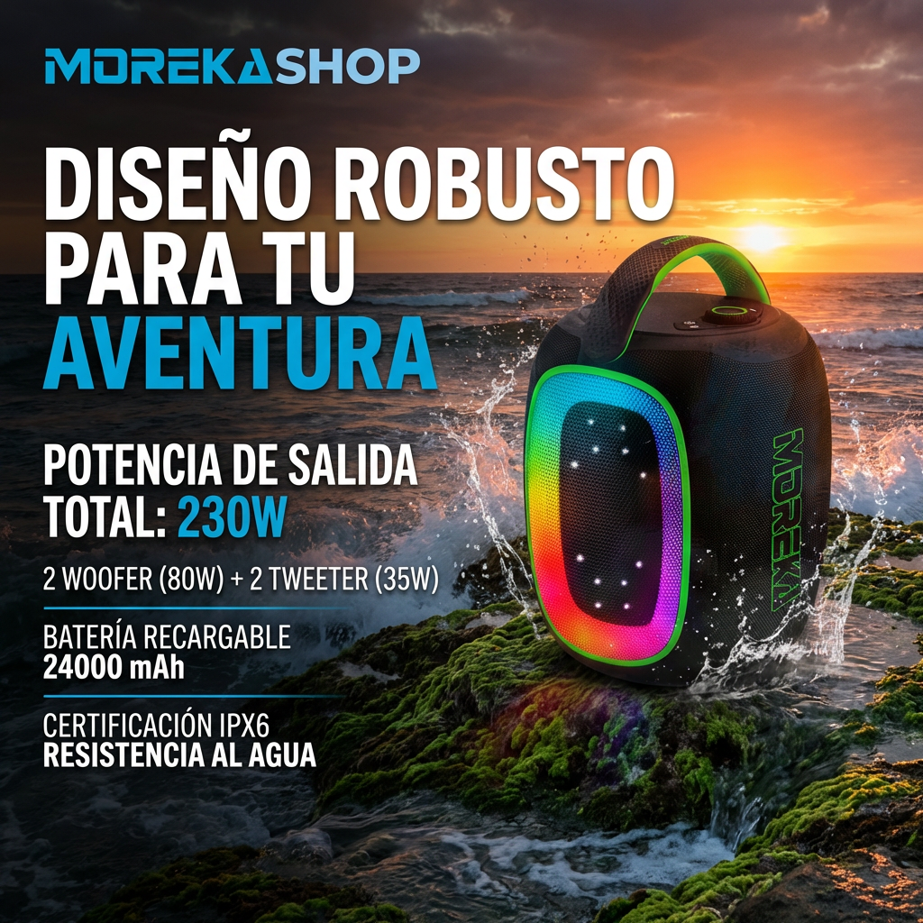 Bocina Moreka A58 230W 2400mAh 5hrs de bateria Bluetooth IPX6 – Moreka Shop