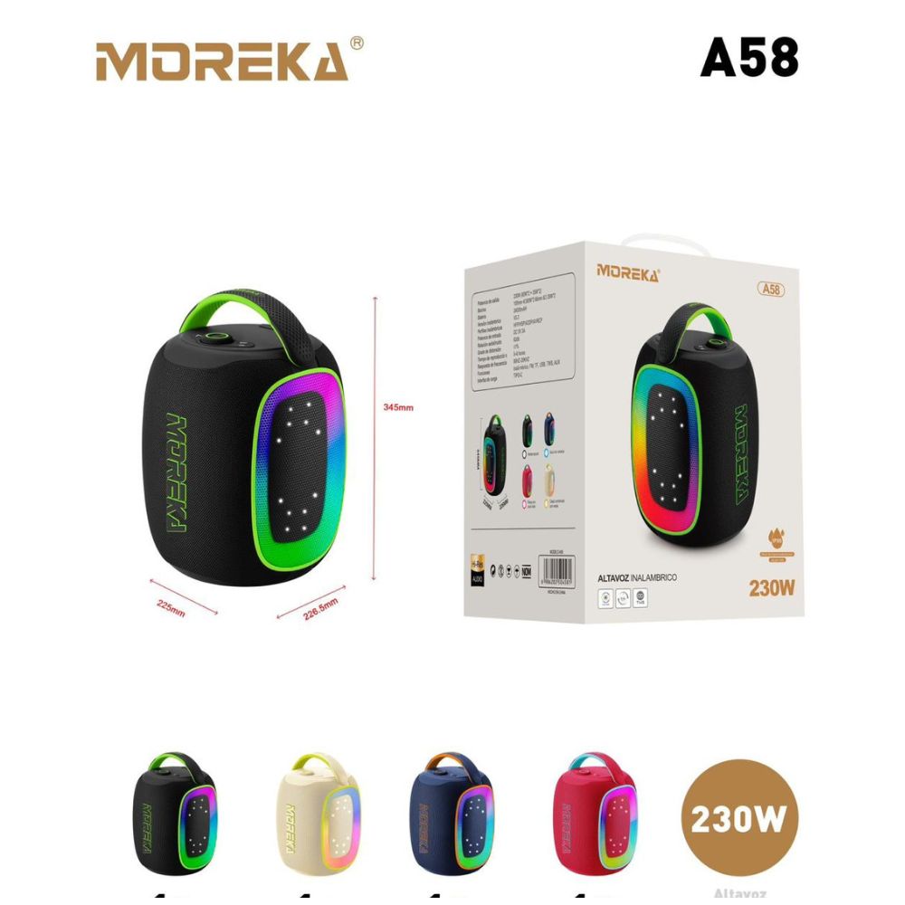 Bocina Moreka A58 230W 2400mAh 5hrs de bateria Bluetooth IPX6 – Moreka Shop